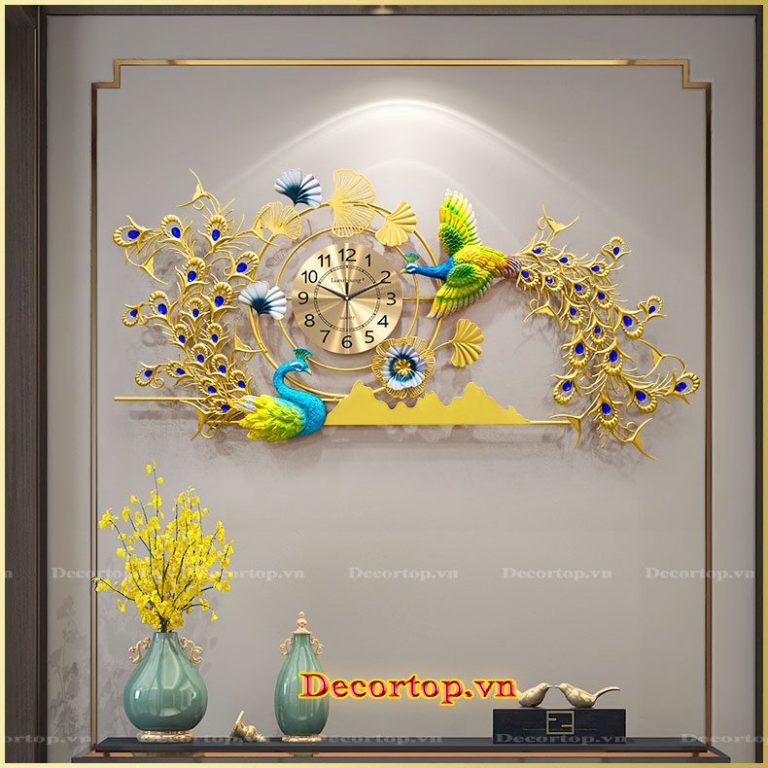 Đồng hồ con công đôi hiện đại treo tường phòng khách sang trọng HDH019