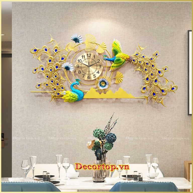 Đồng hồ con công đôi hiện đại treo tường phòng khách sang trọng HDH019
